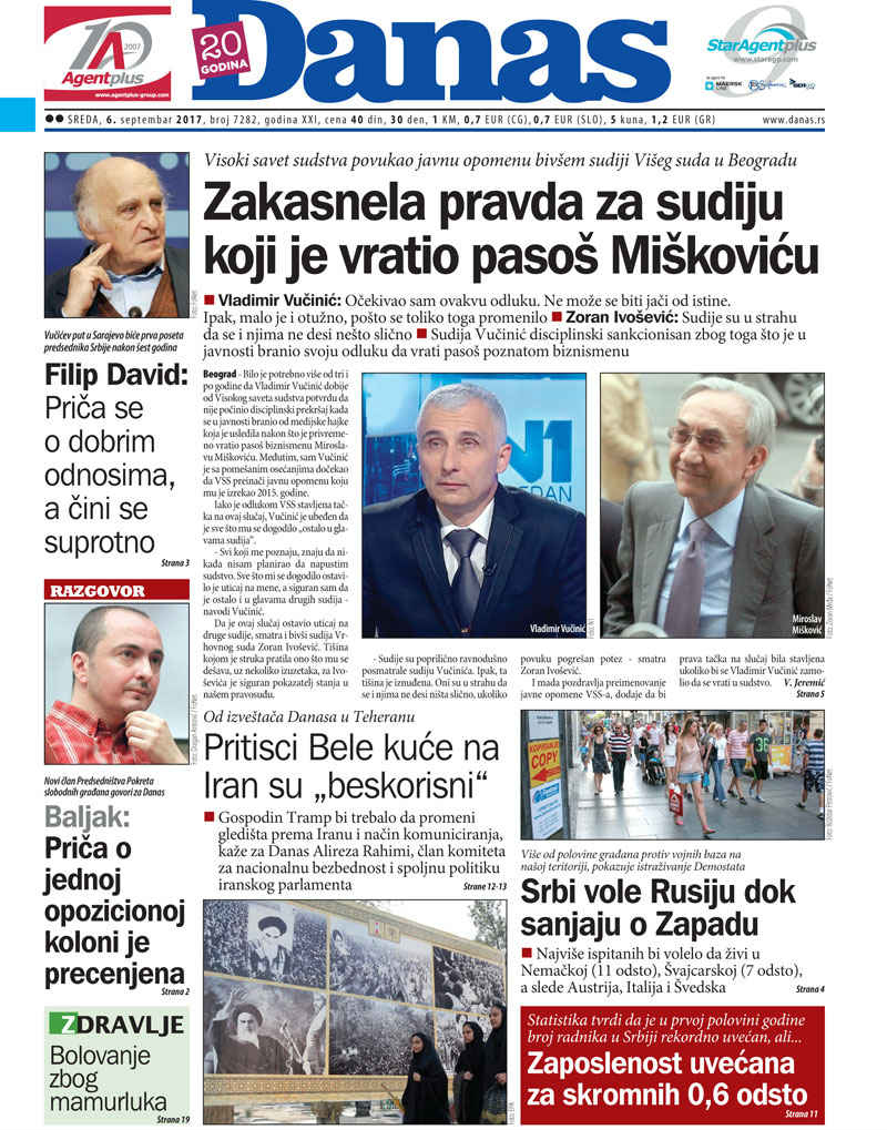 Naslovna za sredu 06.09.2017 - Dnevni list Danas
