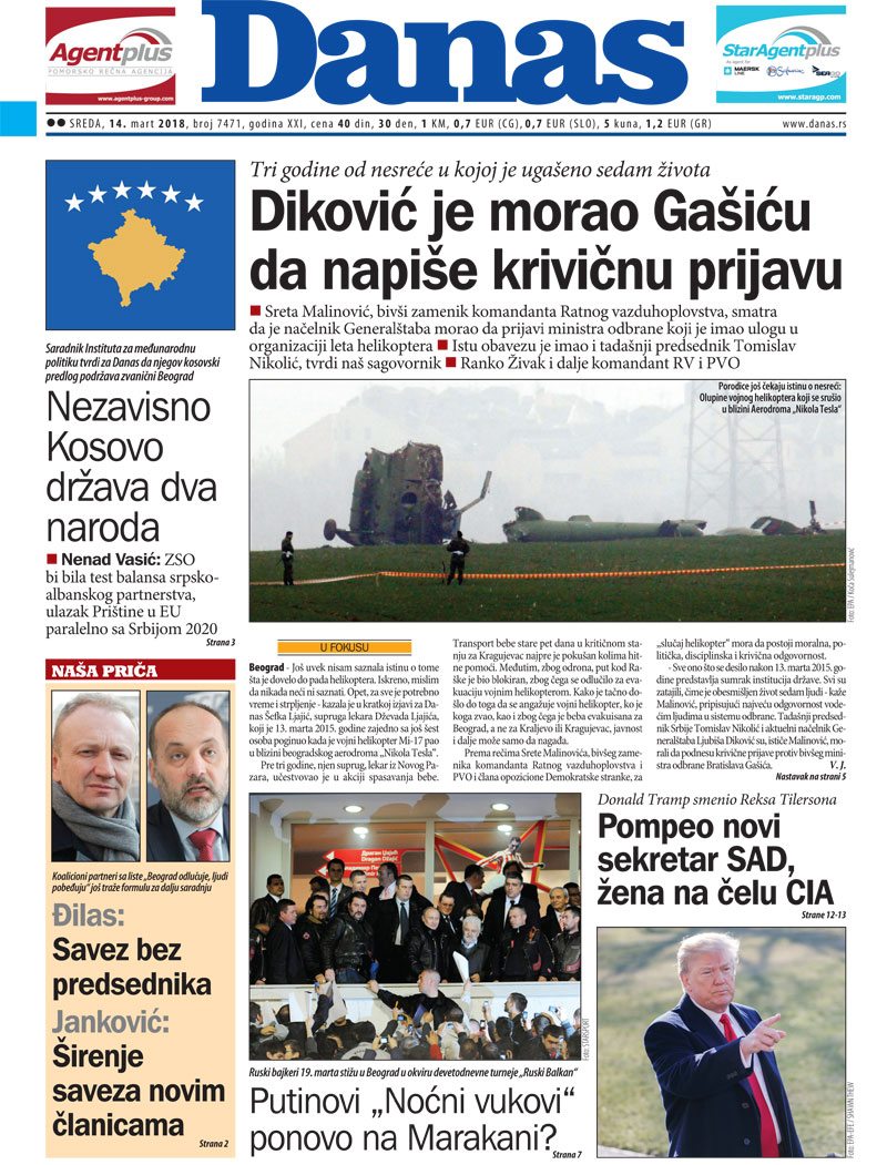 Naslovna strana za 14. mart 2018. - Dnevni list Danas