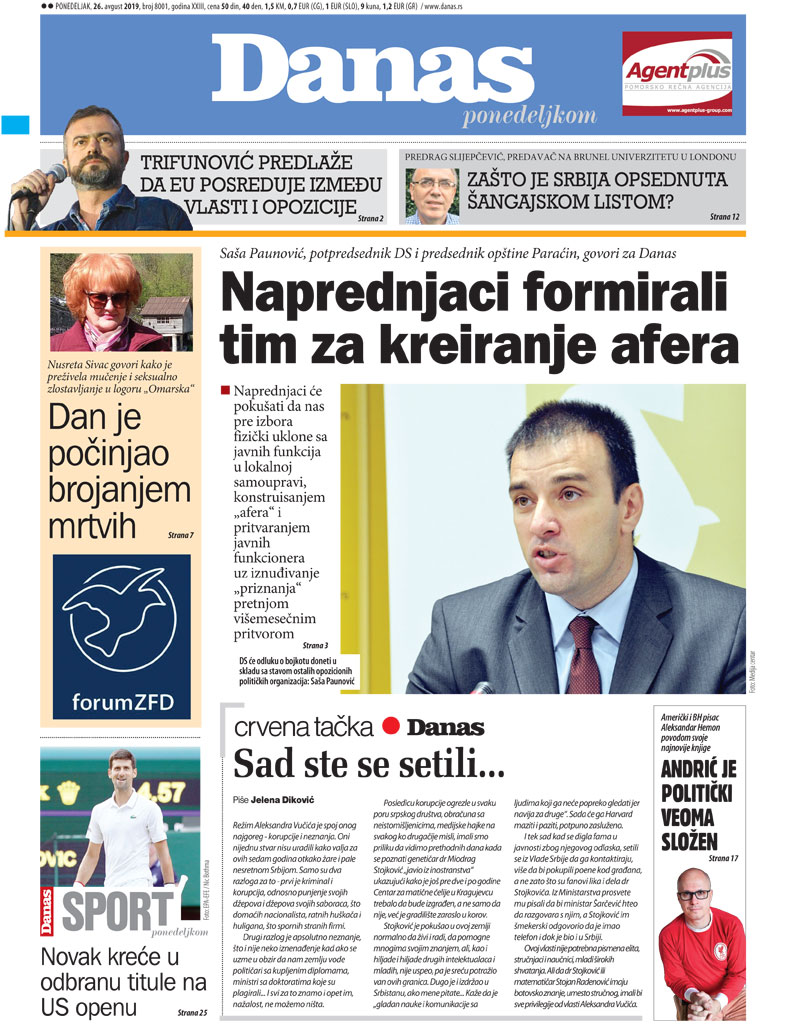 Naslovna za 26. avgust 2019. - Dnevni list Danas