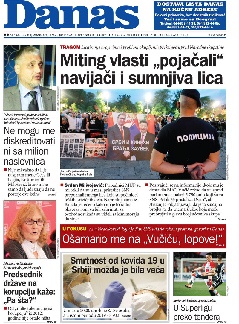 Naslovna za 13. maj 2020. - Dnevni list Danas
