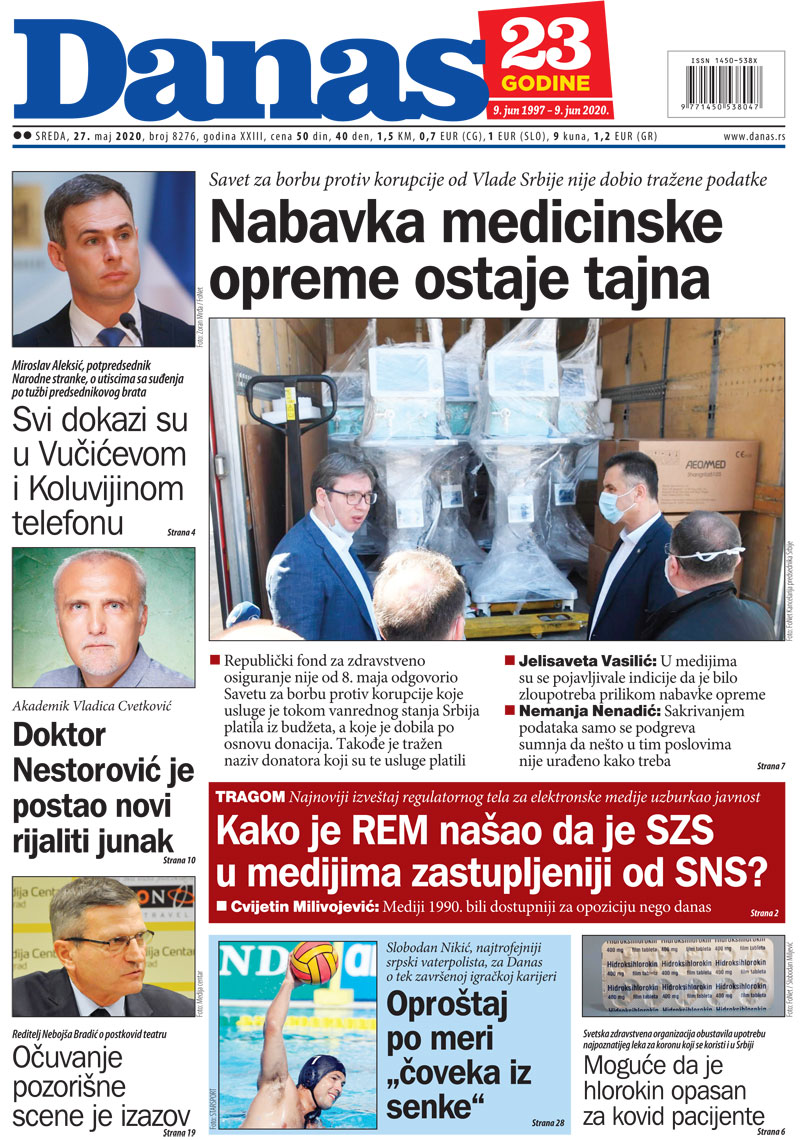 Naslovna za 27. maj 2020. - Dnevni list Danas