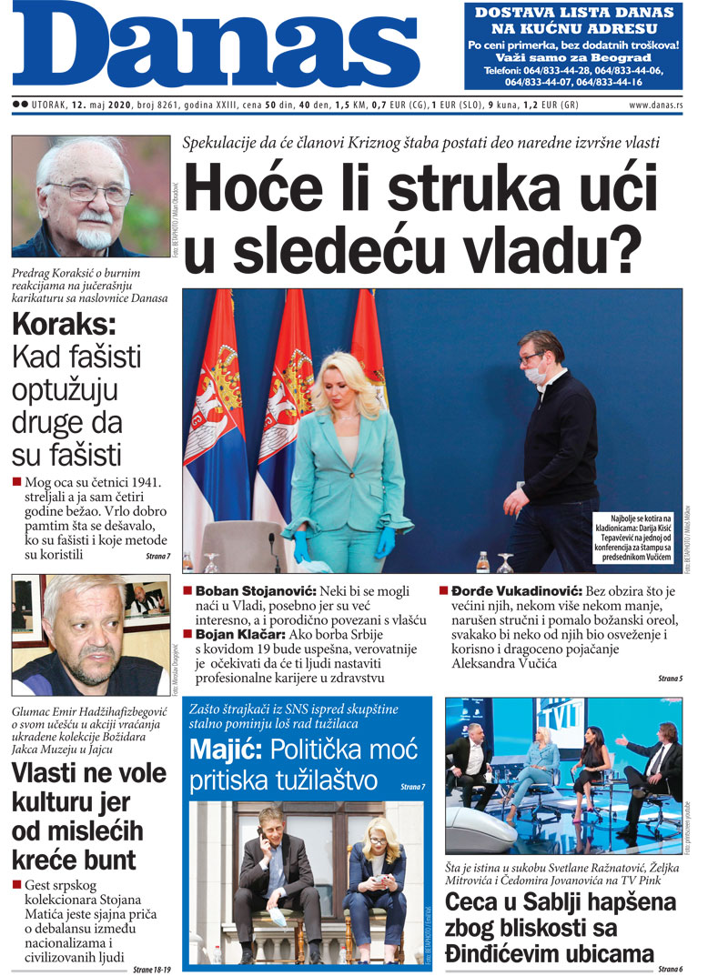 Naslovna za 12. maj 2020. - Dnevni list Danas