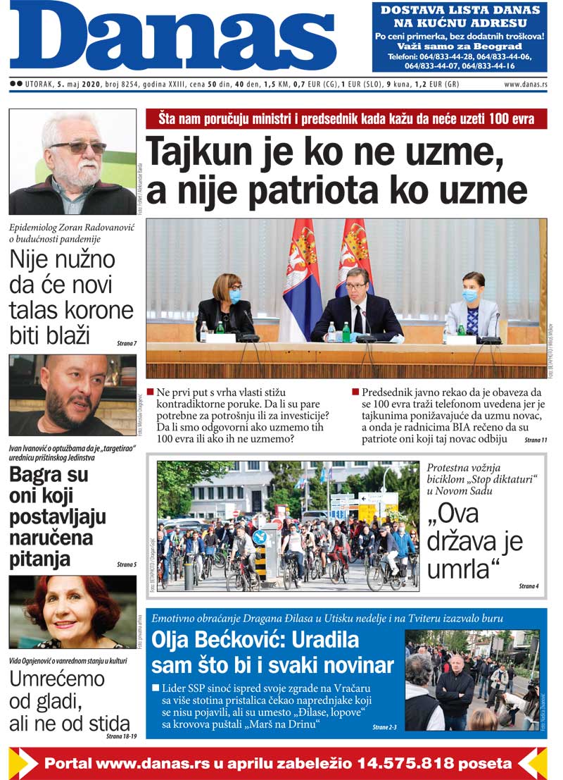 Naslovna za 5. maj 2020. - Dnevni list Danas