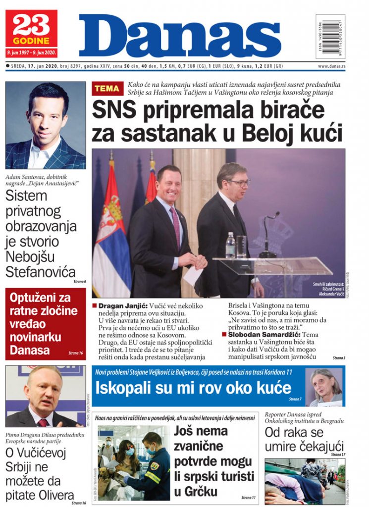 Naslovna strana za 17. jun 2020. - Dnevni list Danas