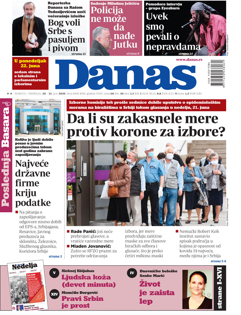 Naslovna strana za 20. jun 2020. - Dnevni list Danas