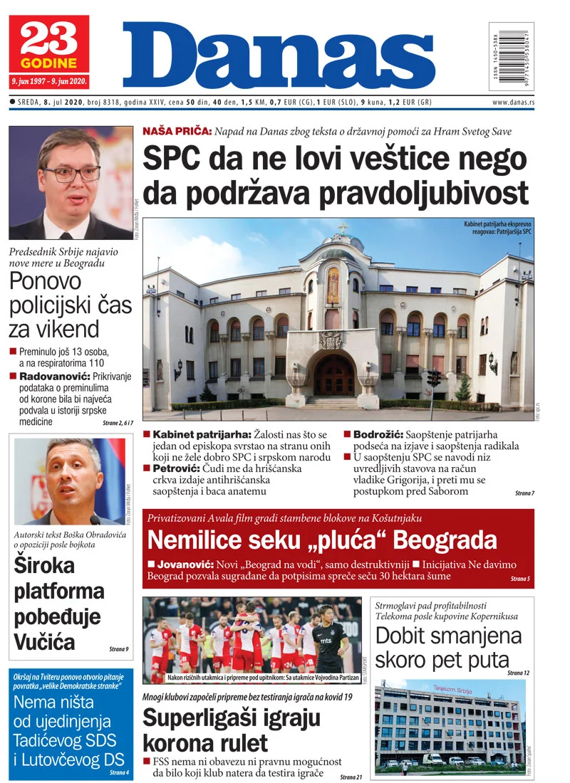 Naslovna za 8. jul 2020. - Dnevni list Danas