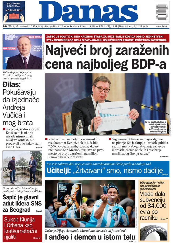 Naslovna za 27. novembar 2020. - Dnevni list Danas