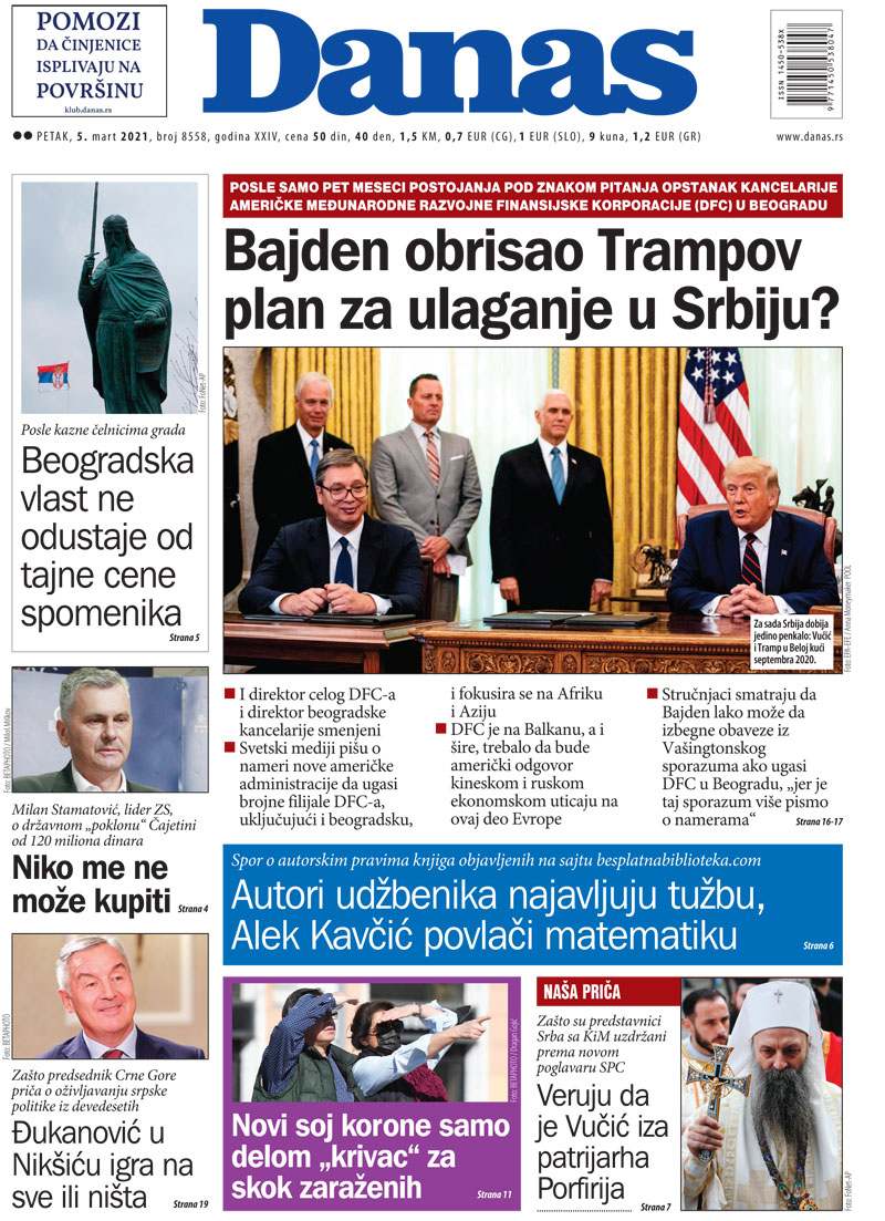 Naslovna za 5. mart 2021. - Dnevni list Danas
