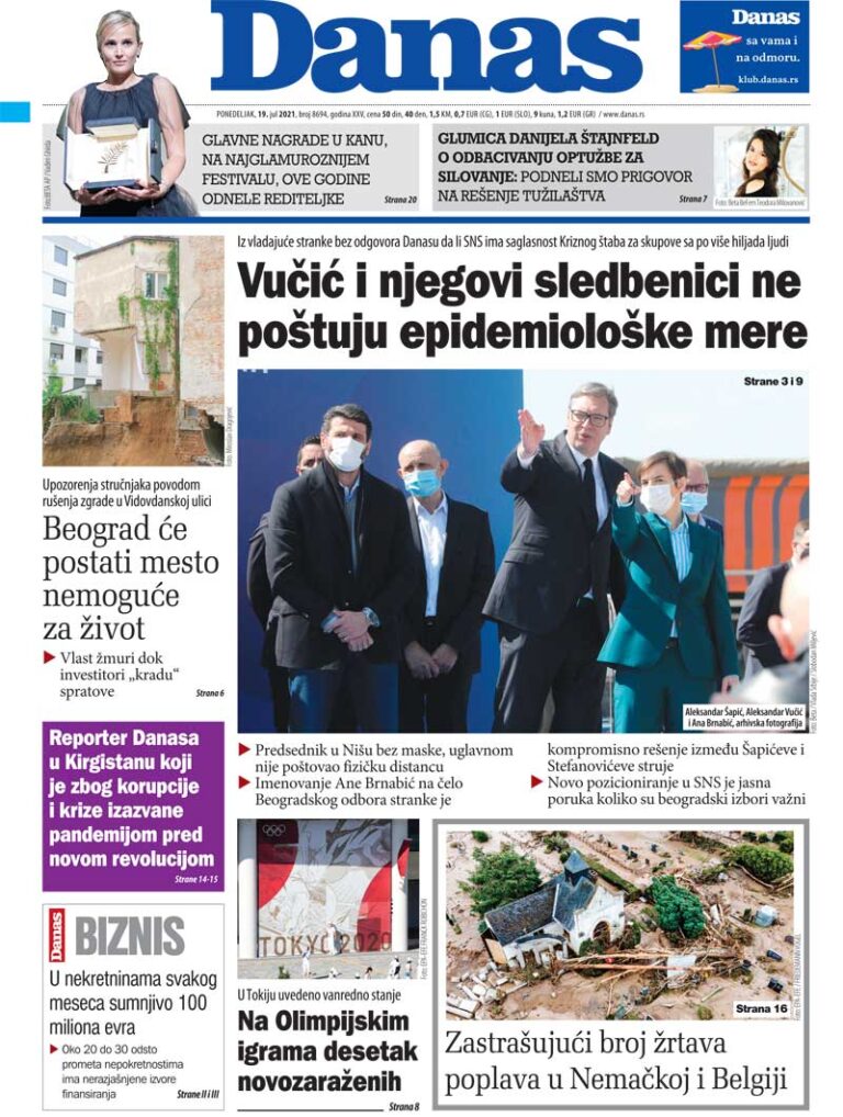 Naslovna za 19. jul 2021. - Dnevni list Danas