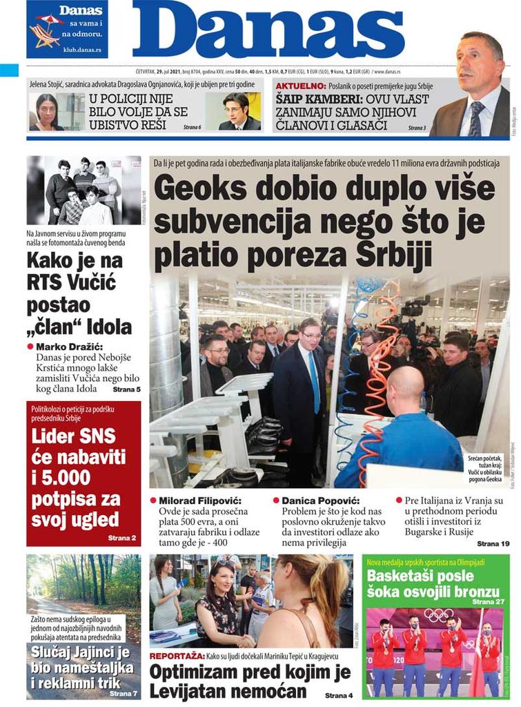 Naslovna za 29. jul 2021. - Dnevni list Danas