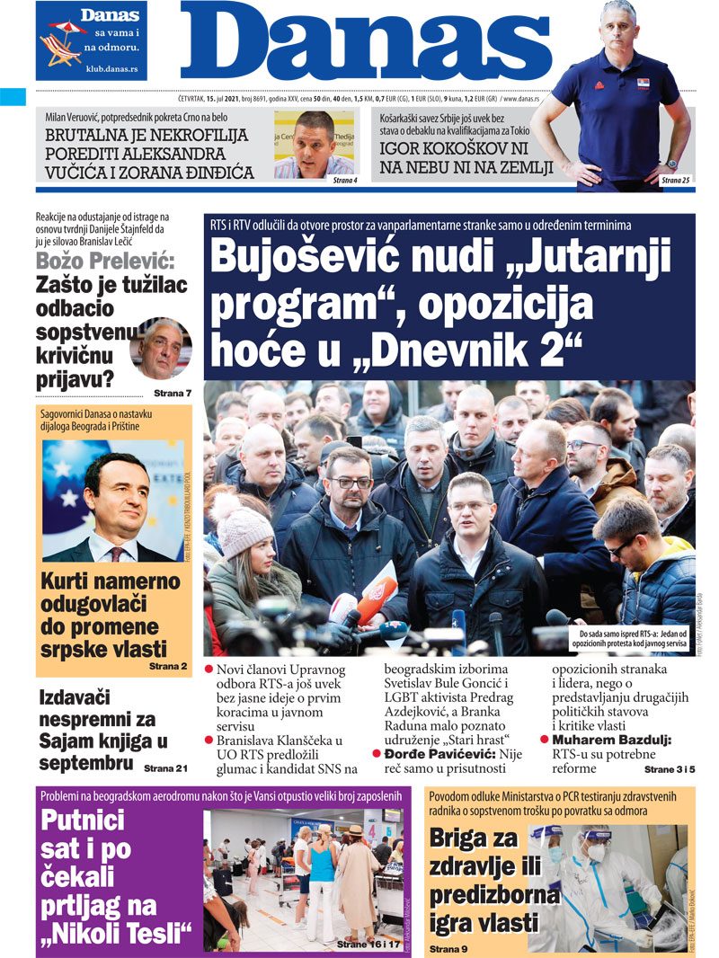 Naslovna za 15. jul 2021. - Dnevni list Danas