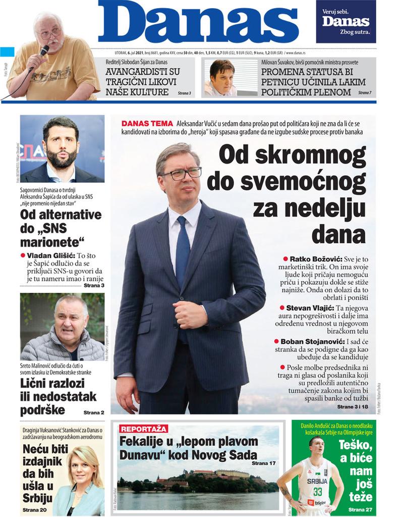 Naslovna za 6. jul 2021. - Dnevni list Danas
