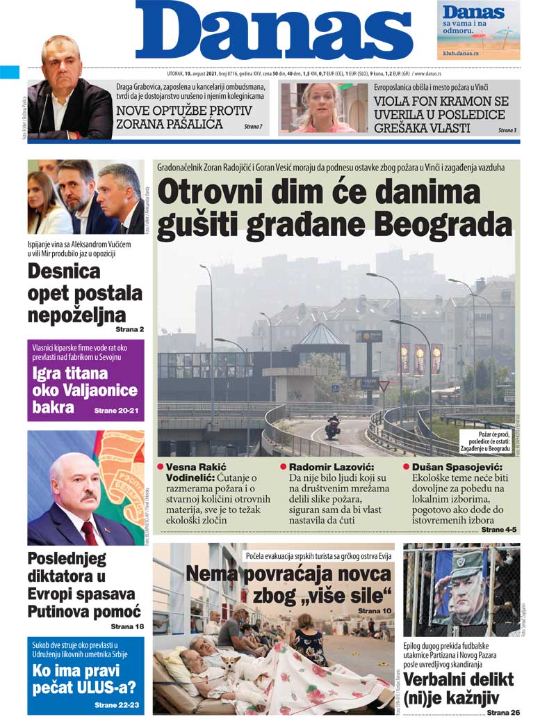 Naslovna za 10. avgust 2021. - Dnevni list Danas