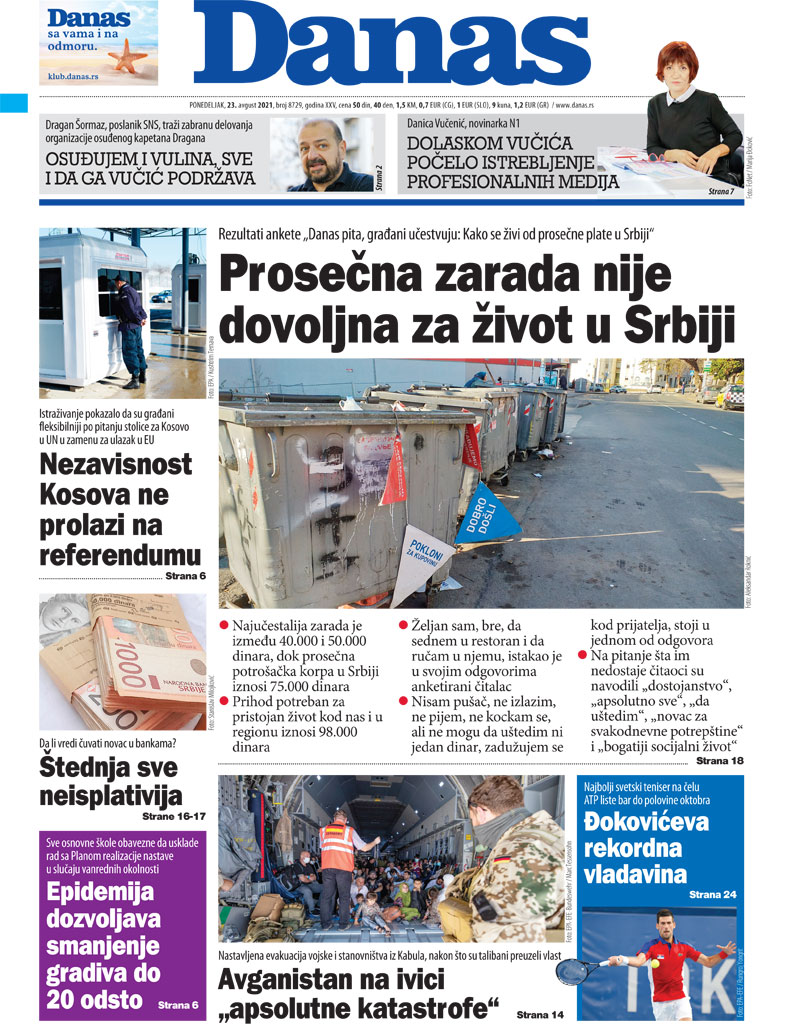 Naslovna za 23. avgust 2021. - Dnevni list Danas
