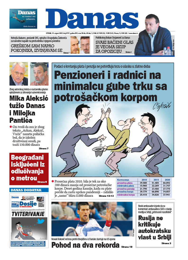 Naslovna za 31. avgust 2021. - Dnevni list Danas