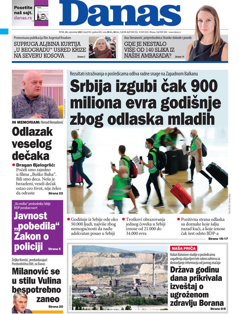 Naslovna za 24. septembar 2021. - Dnevni list Danas