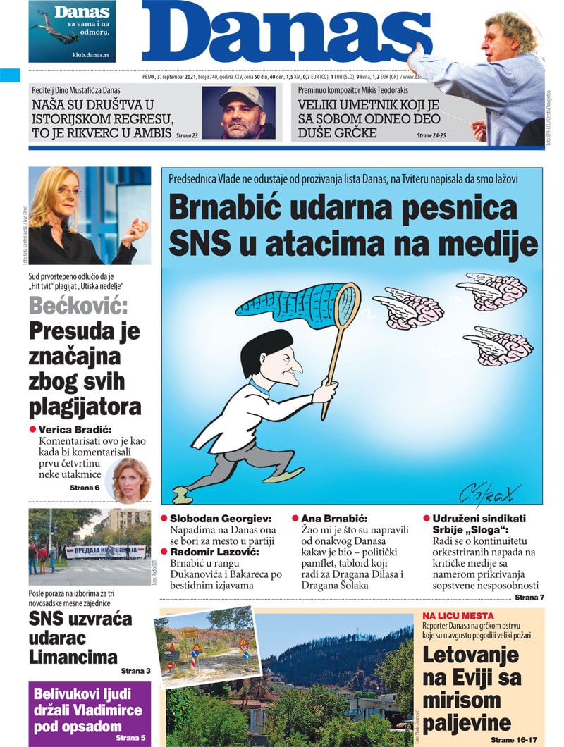 Naslovna za 3. septembar 2021. - Dnevni list Danas