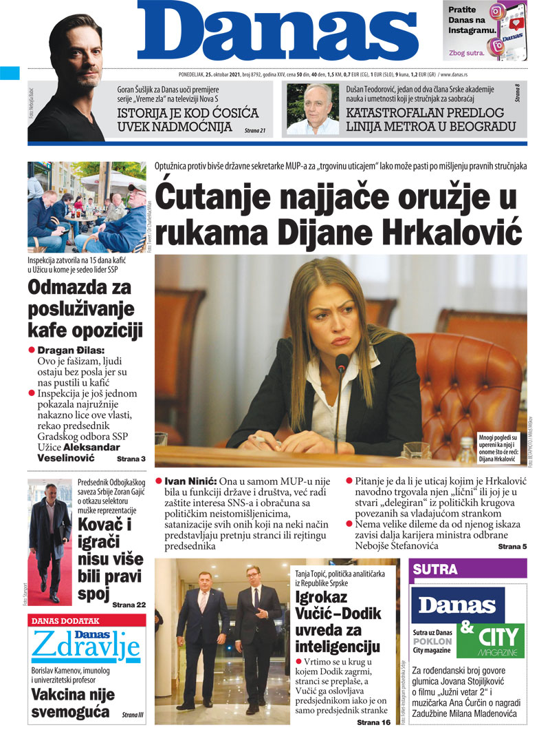 Naslovna za 25. oktobar 2021. - Dnevni list Danas