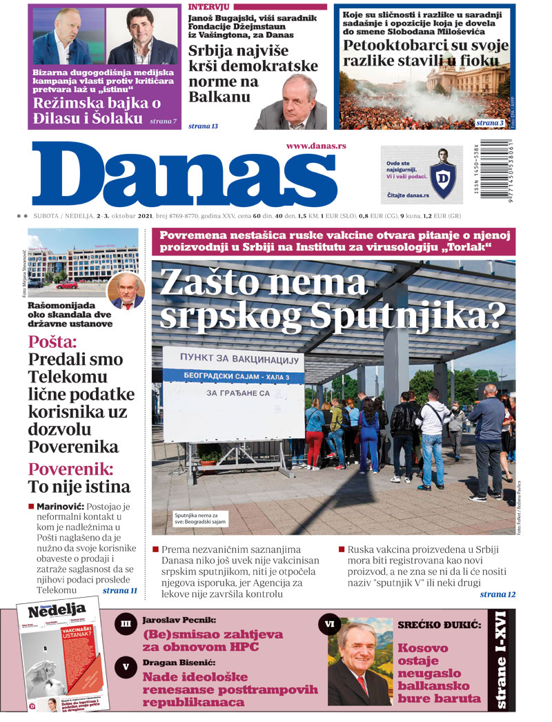 Naslovna za 2. oktobar 2021. - Dnevni list Danas