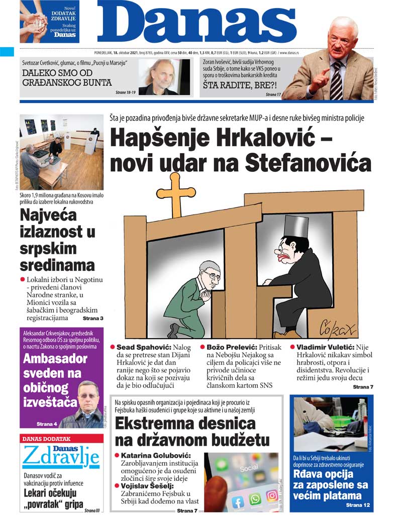 Naslovna za 18. oktobar 2021. - Dnevni list Danas