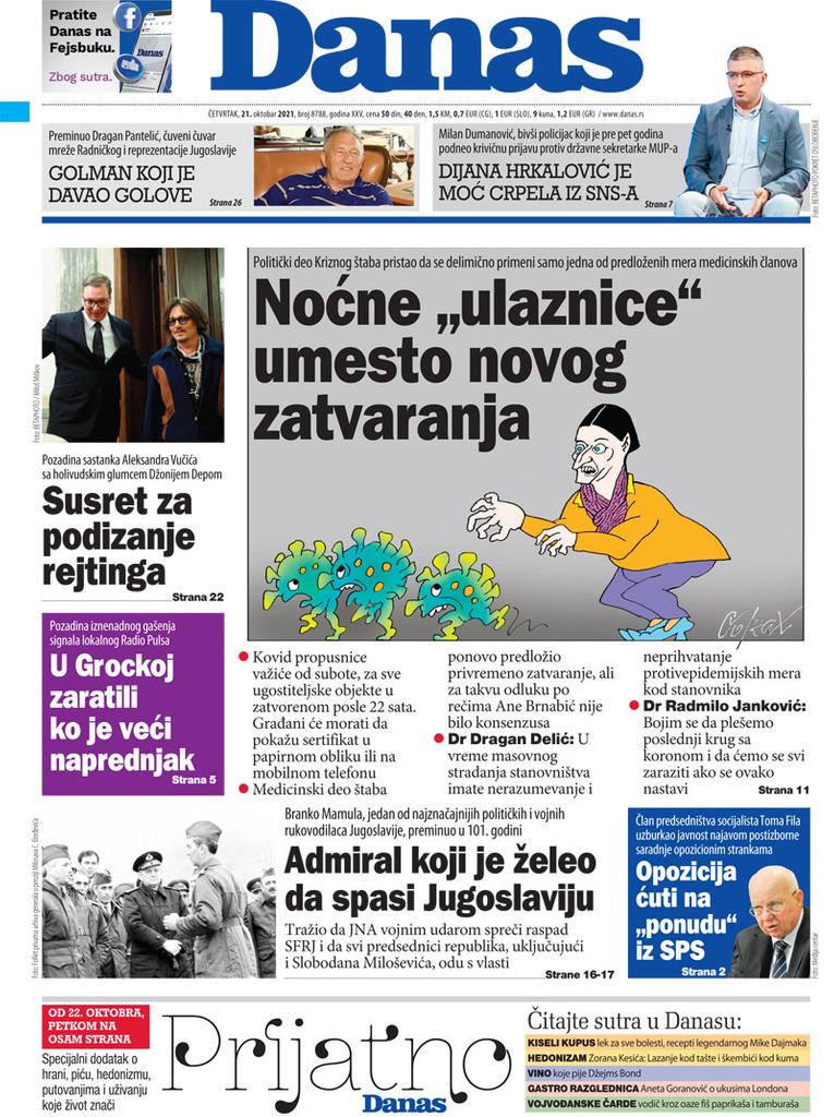 Naslovna za 21. oktobar 2021. - Dnevni list Danas
