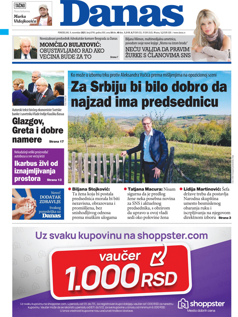 Naslovna za 1. novembar 2021. - Dnevni list Danas