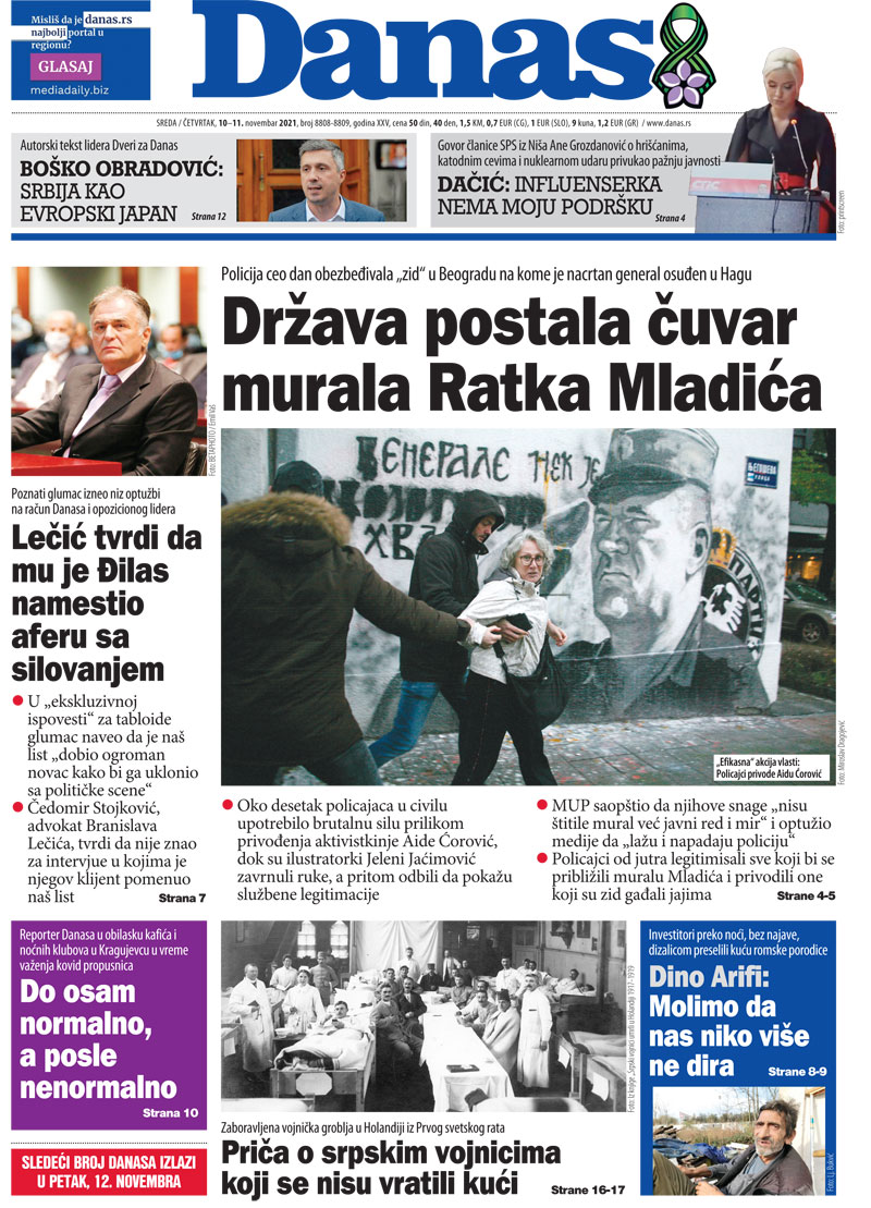 Naslovna za 10. novembar 2021. - Dnevni list Danas