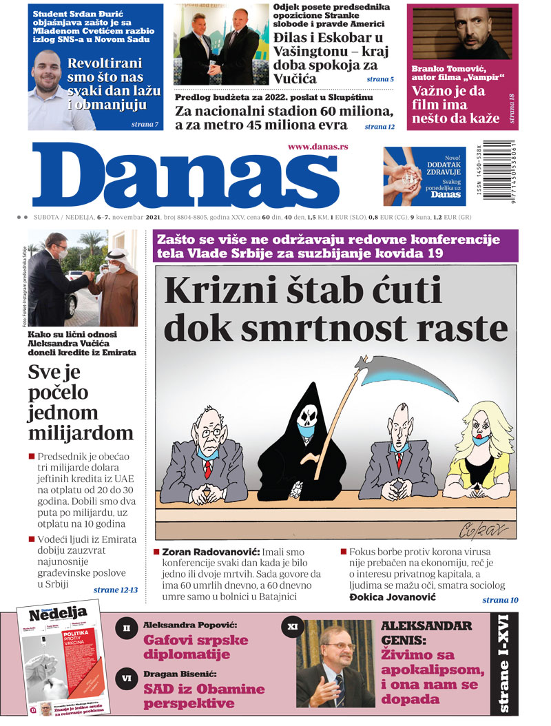Naslovna za 6. novembar 2021. - Dnevni list Danas