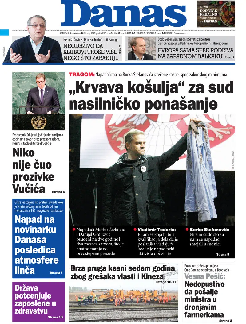 Naslovna za 4. novembar 2021. - Dnevni list Danas
