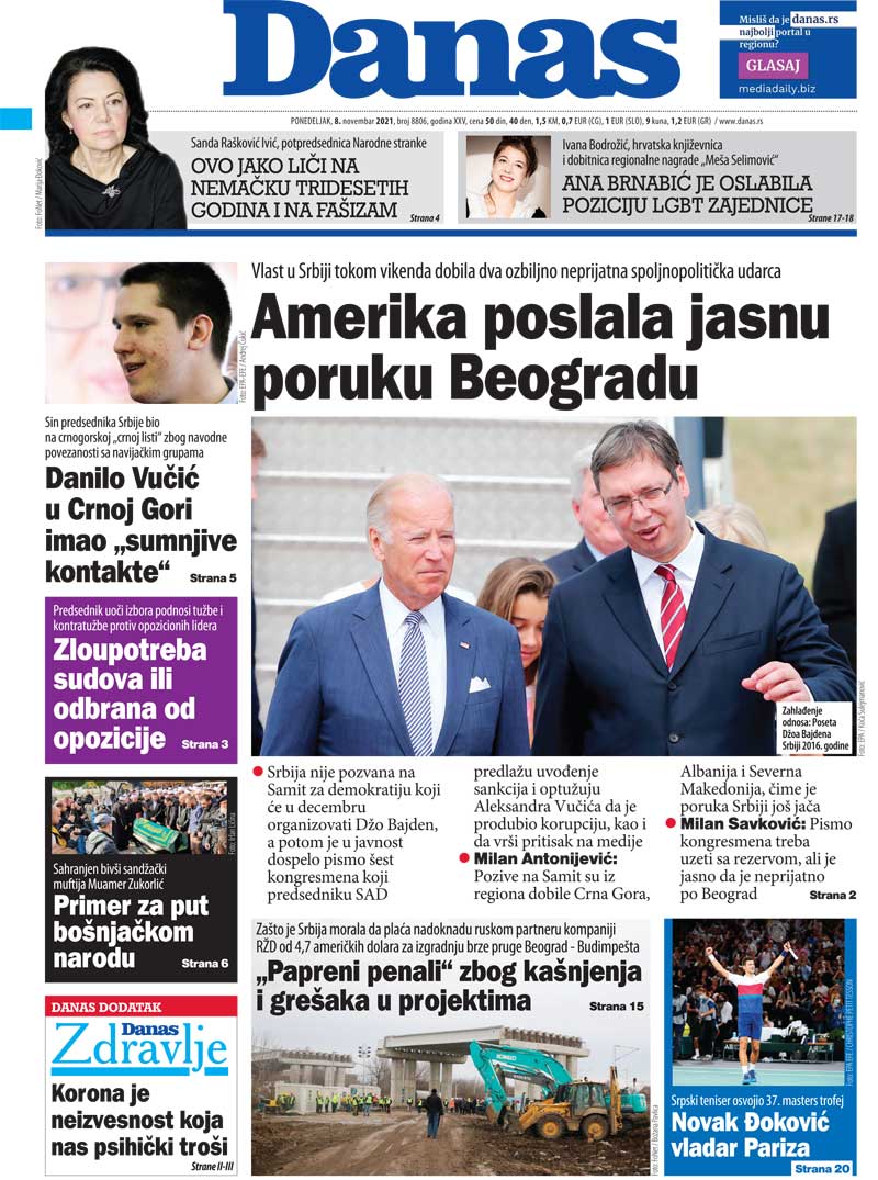 Naslovna za 8. novembar 2021. - Dnevni list Danas