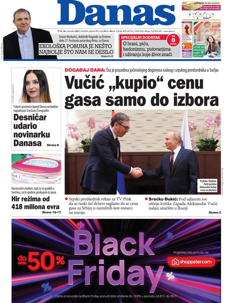 Naslovna za 26. novembar 2021. - Dnevni list Danas