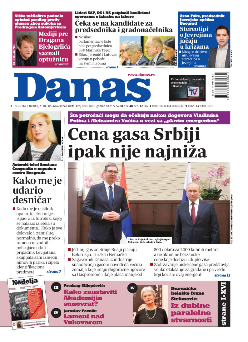 Naslovna za 27. novembar 2021. - Dnevni list Danas