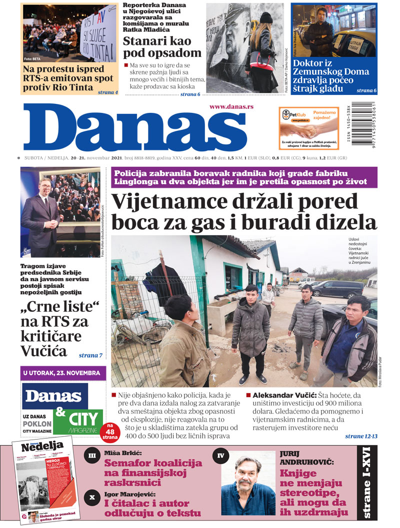 Naslovna za 20. novembar 2021. - Dnevni list Danas