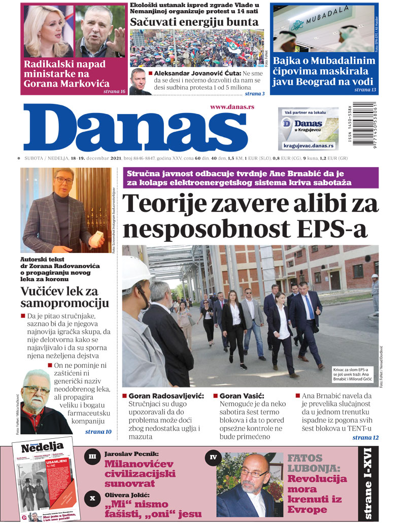 Naslovna za 18. decembar 2021. - Dnevni list Danas