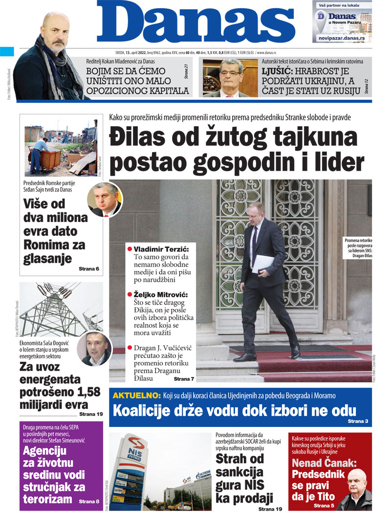 Naslovna za 13. april 2022. - Dnevni list Danas