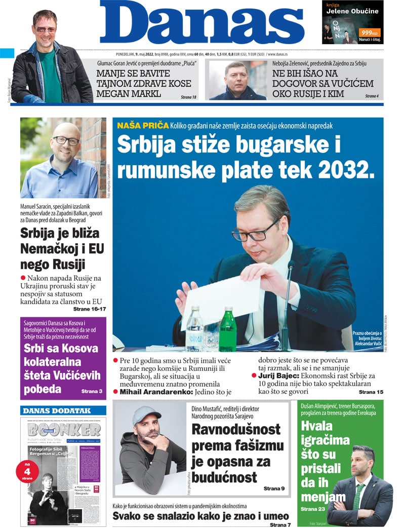 Naslovna za 9. maj 2022. - Dnevni list Danas