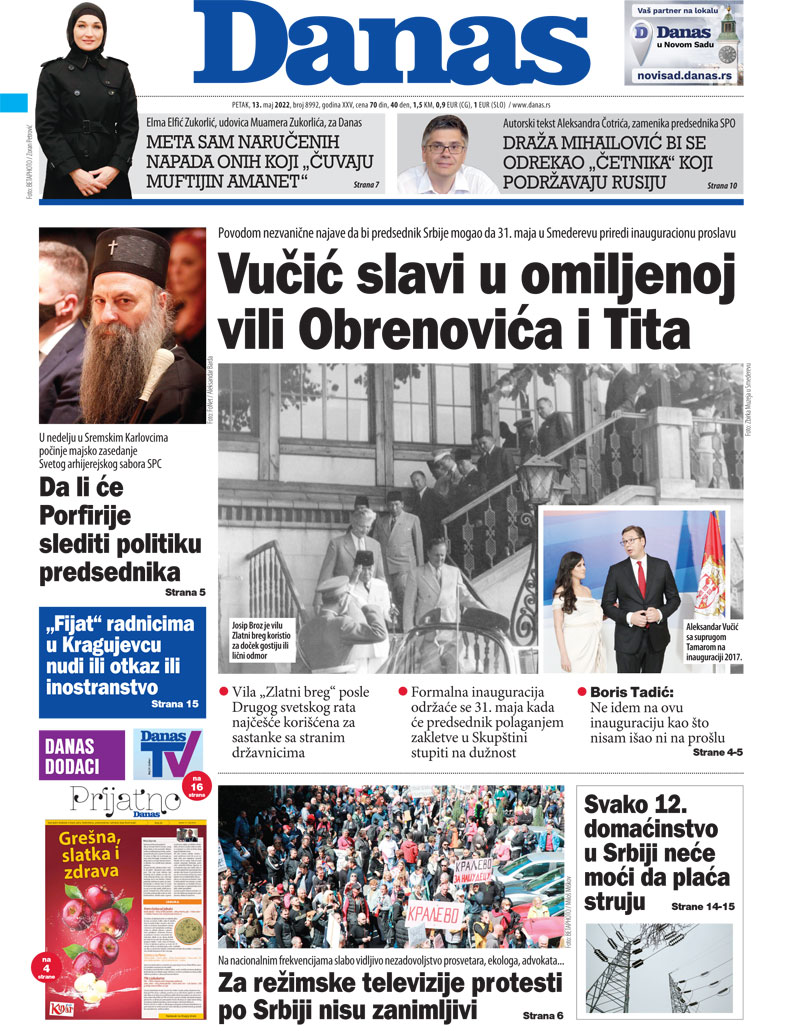 Naslovna za 13. maj 2022. - Dnevni list Danas