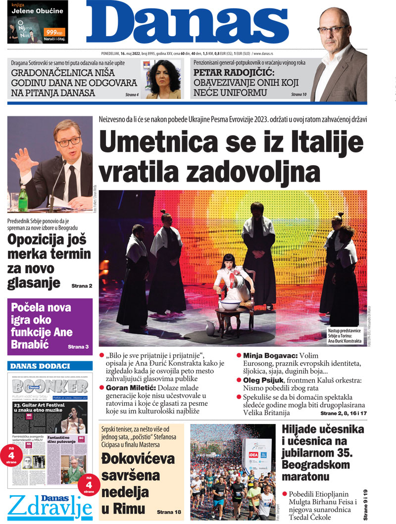 Naslovna za 16. maj 2022. - Dnevni list Danas