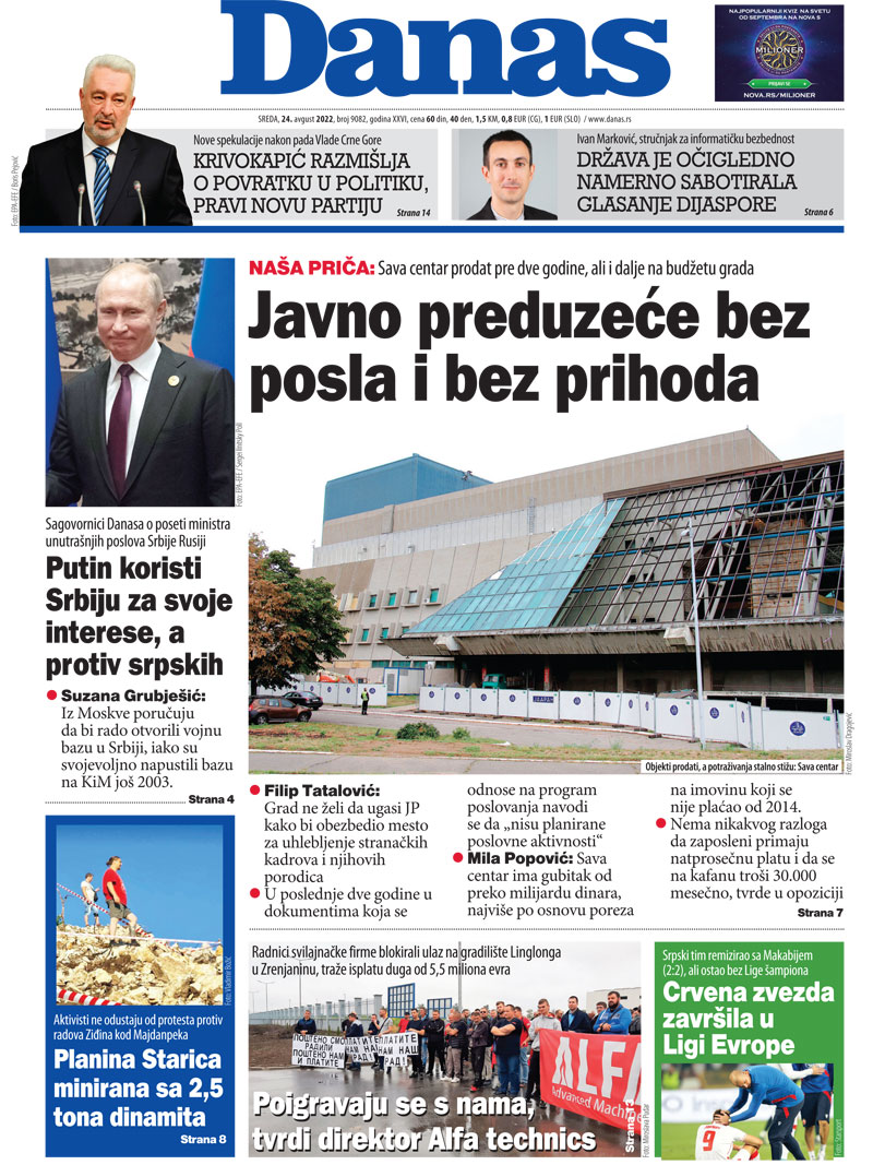 Naslovna za 24. avgust 2022. - Dnevni list Danas