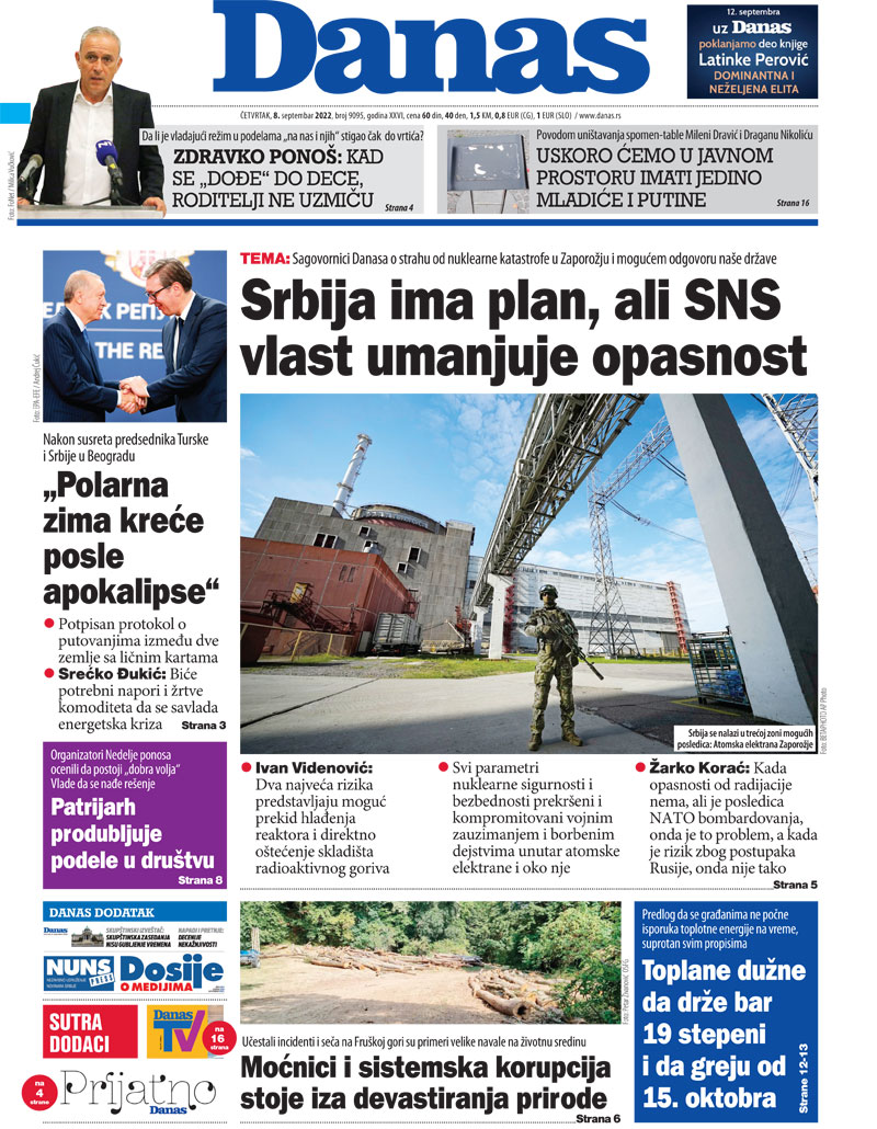 Naslovna za 8. septembar 2022. - Dnevni list Danas