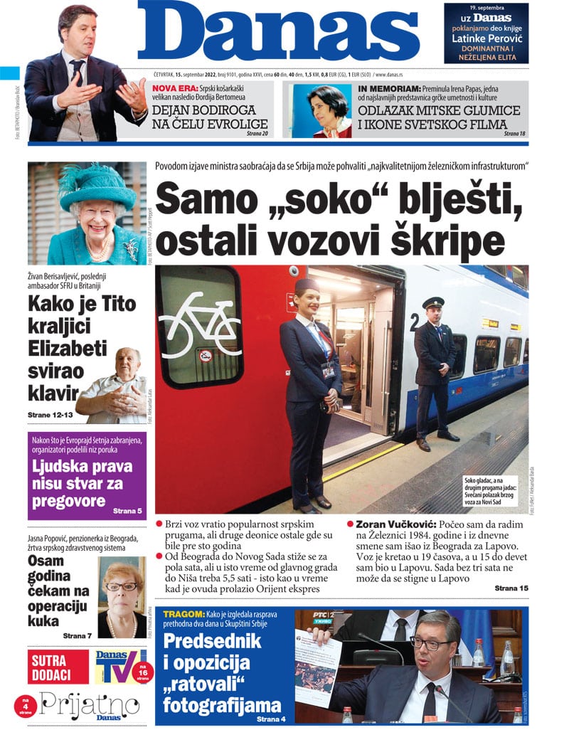 Naslovna za 15. septembar 2022. - Dnevni list Danas
