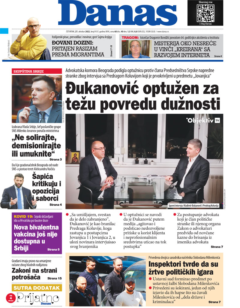 Naslovna za 27. oktobar 2022. - Dnevni list Danas