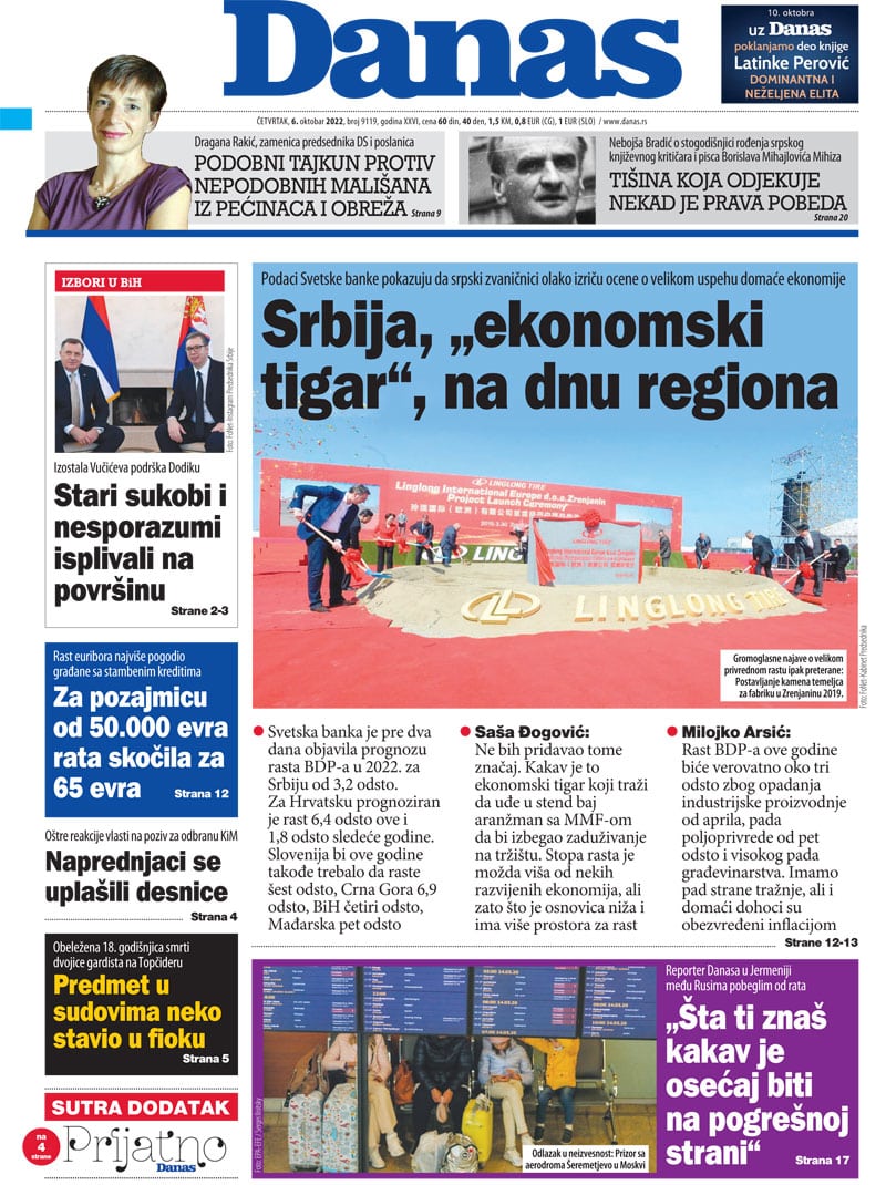Naslovna za 6. oktobar 2022. - Dnevni list Danas