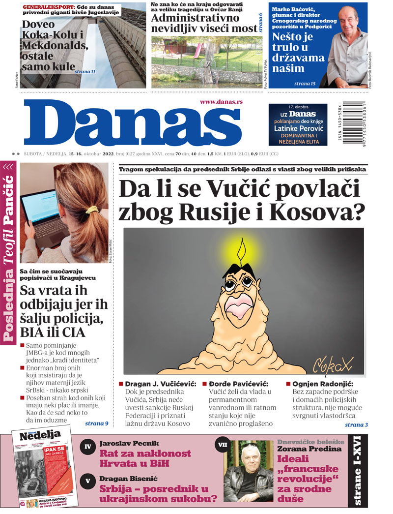 Naslovna za 15. i 16. oktobar 2022. - Dnevni list Danas