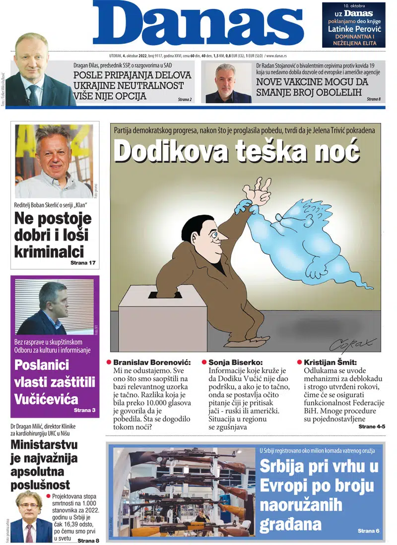 Naslovna za 4. oktobar 2022. - Dnevni list Danas