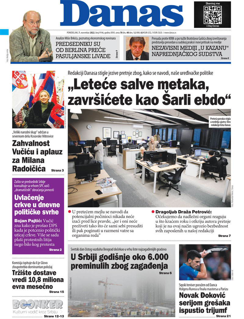 Naslovna za 7. novembar 2022. - Dnevni list Danas