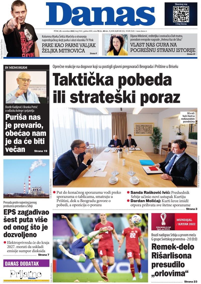 Naslovna za 25. novembar 2022. - Dnevni list Danas