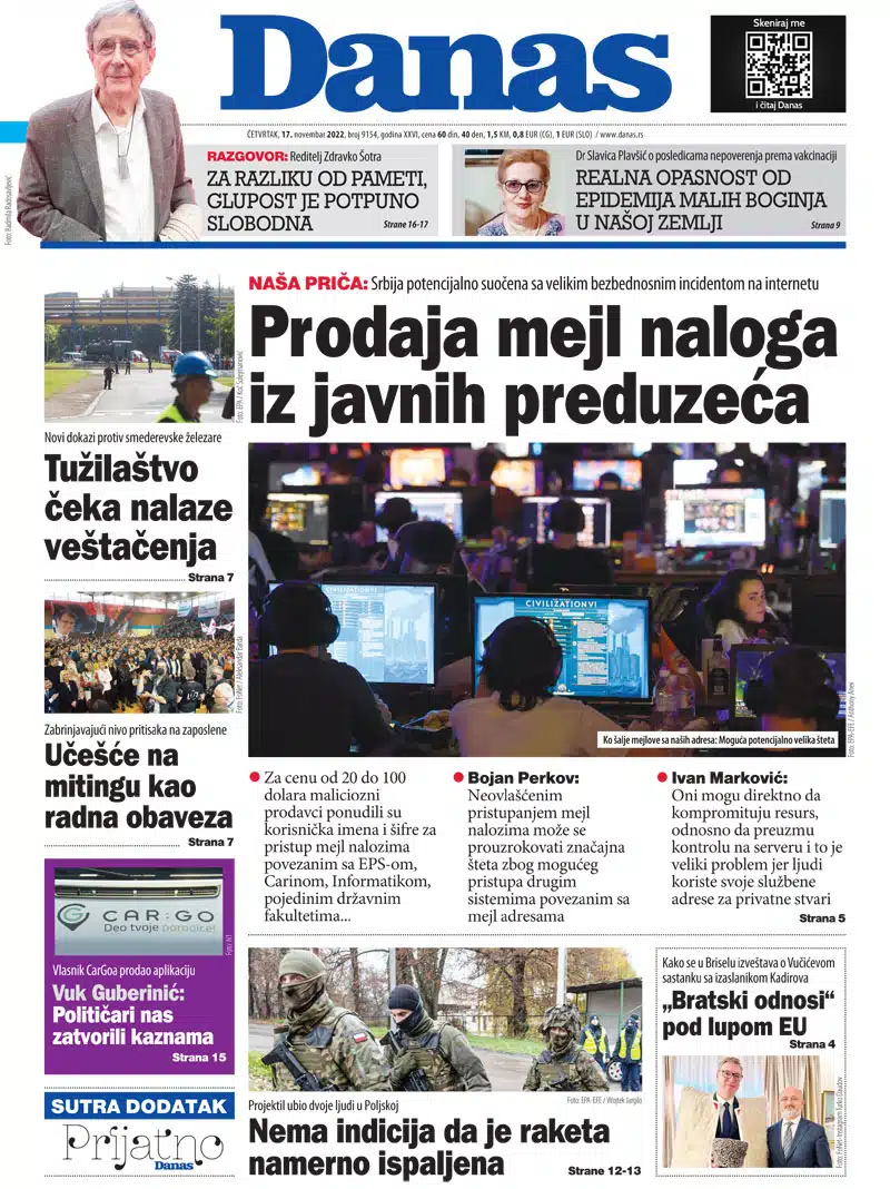 Naslovna za 17. novembar 2022. - Dnevni list Danas