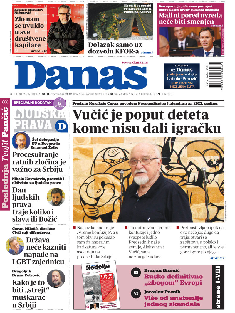 Naslovna za 10. decembar 2022. - Dnevni list Danas