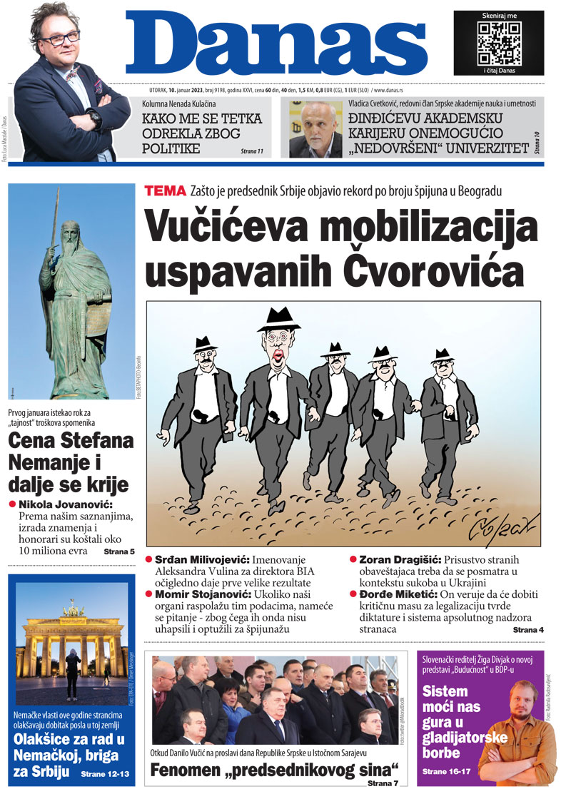 Naslovna za 10. januar 2023. - Dnevni list Danas